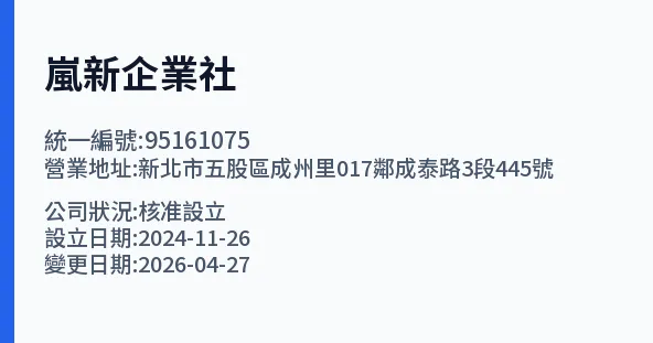 嵐新企業社的照片-統編 95161075(新北市) 公司登記資料與營業項目詳細圖表