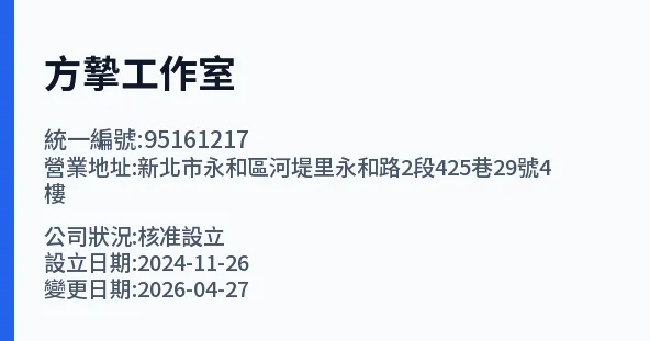 方摯工作室的照片-統編 95161217(新北市) 公司登記資料與營業項目詳細圖表