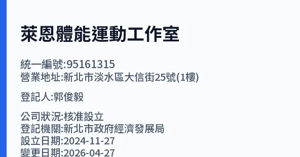萊恩體能運動工作室的照片-統編 95161315(新北市) 公司登記資料與營業項目詳細圖表