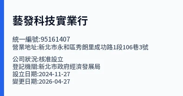 藝發科技實業行的照片-統編 95161407(新北市) 公司登記資料與營業項目詳細圖表