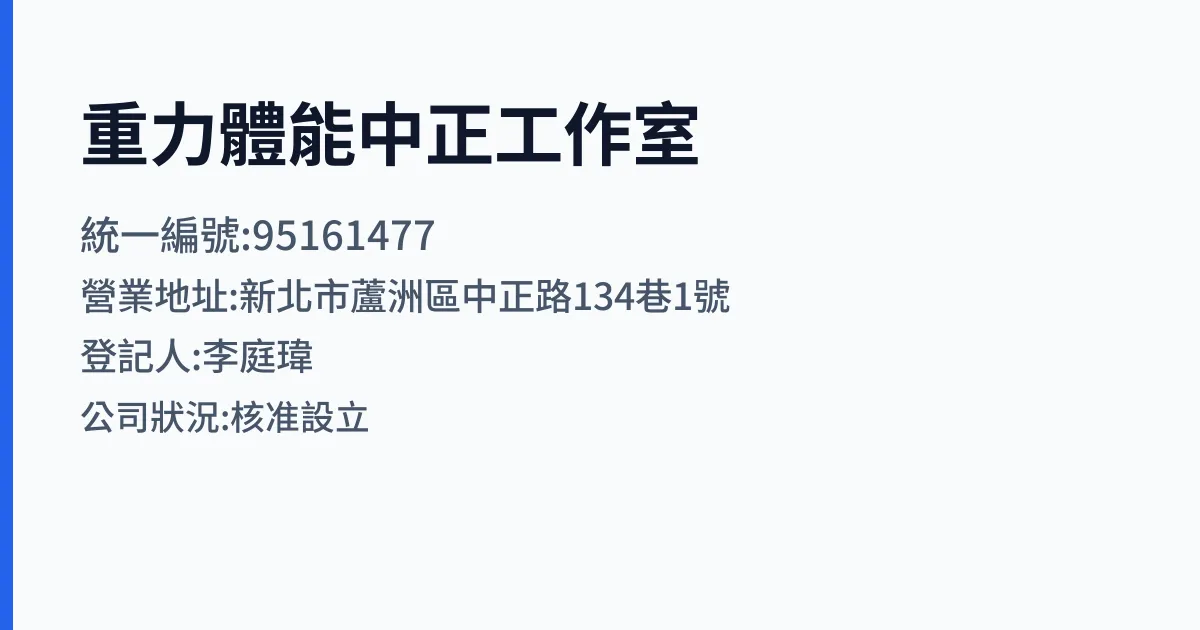 重力體能中正工作室 - 統編 95161477(新北市) 公司登記資料與營業項目詳細圖表