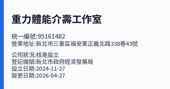 重力體能介壽工作室的照片-統編 95161482(新北市) 公司登記資料與營業項目詳細圖表