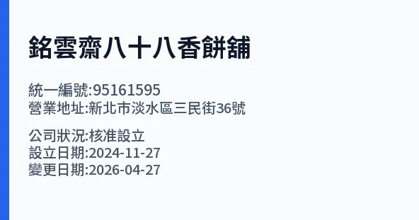 銘雲齋八十八香餅舖的照片-統編 95161595(新北市) 公司登記資料與營業項目詳細圖表