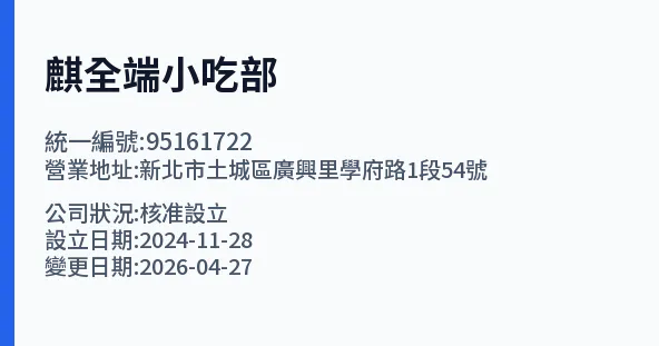 麒全端小吃部的照片-統編 95161722(新北市) 公司登記資料與營業項目詳細圖表