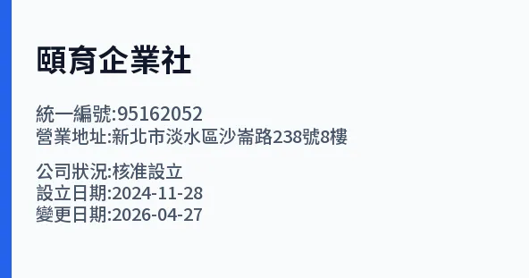 頤育企業社的照片-統編 95162052(新北市) 公司登記資料與營業項目詳細圖表