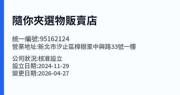 隨你夾選物販賣店的照片-統編 95162124(新北市) 公司登記資料與營業項目詳細圖表