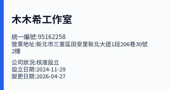 木木希工作室的照片-統編 95162258(新北市) 公司登記資料與營業項目詳細圖表