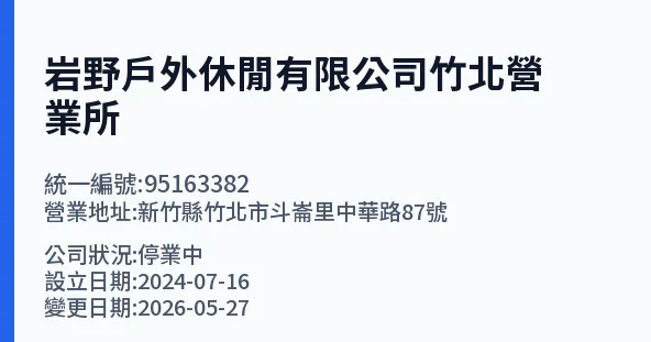 岩野戶外休閒有限公司竹北營業所的照片-統編 95163382(新竹縣) 公司登記資料與營業項目詳細圖表