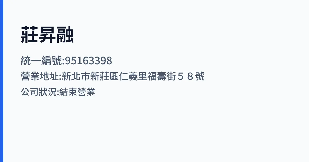 莊昇融 - 統編 95163398(新北市) 公司登記資料與營業項目詳細圖表