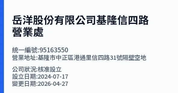 岳洋股份有限公司基隆信四路營業處的照片-統編 95163550(基隆市) 公司登記資料與營業項目詳細圖表