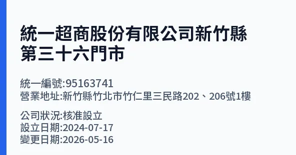 統一超商股份有限公司新竹縣第三十六門市的照片-統編 95163741(新竹縣) 公司登記資料與營業項目詳細圖表