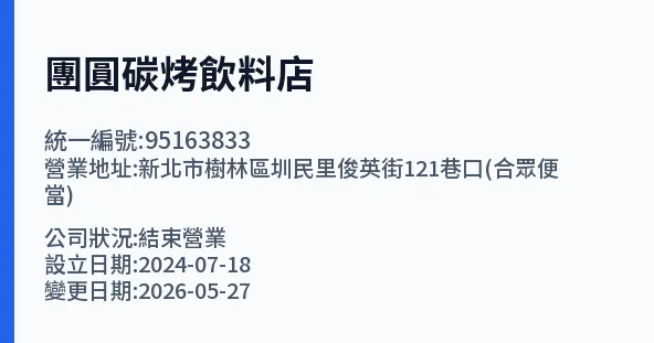 團圓碳烤飲料店的照片-統編 95163833(新北市) 公司登記資料與營業項目詳細圖表
