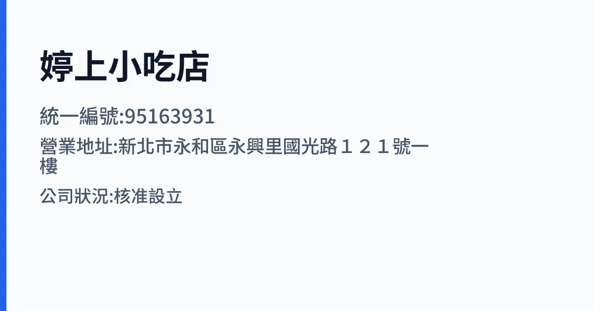 婷上小吃店 - 統編 95163931(新北市) 公司登記資料與營業項目詳細圖表