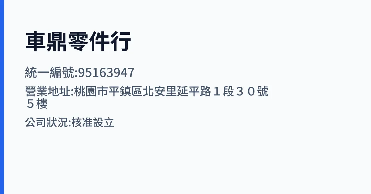 車鼎零件行 - 統編 95163947(桃園市) 公司登記資料與營業項目詳細圖表