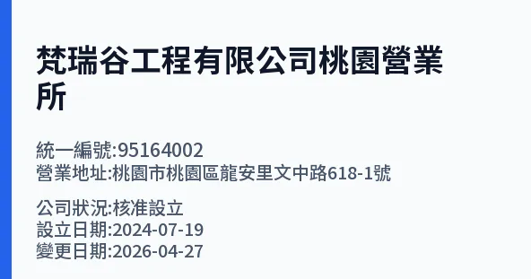 梵瑞谷工程有限公司桃園營業所的照片-統編 95164002(桃園市) 公司登記資料與營業項目詳細圖表