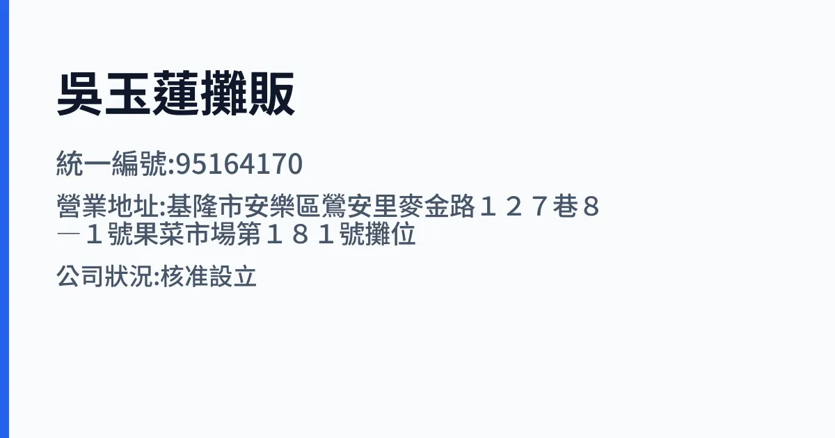 吳玉蓮攤販 - 統編 95164170(基隆市) 公司登記資料與營業項目詳細圖表