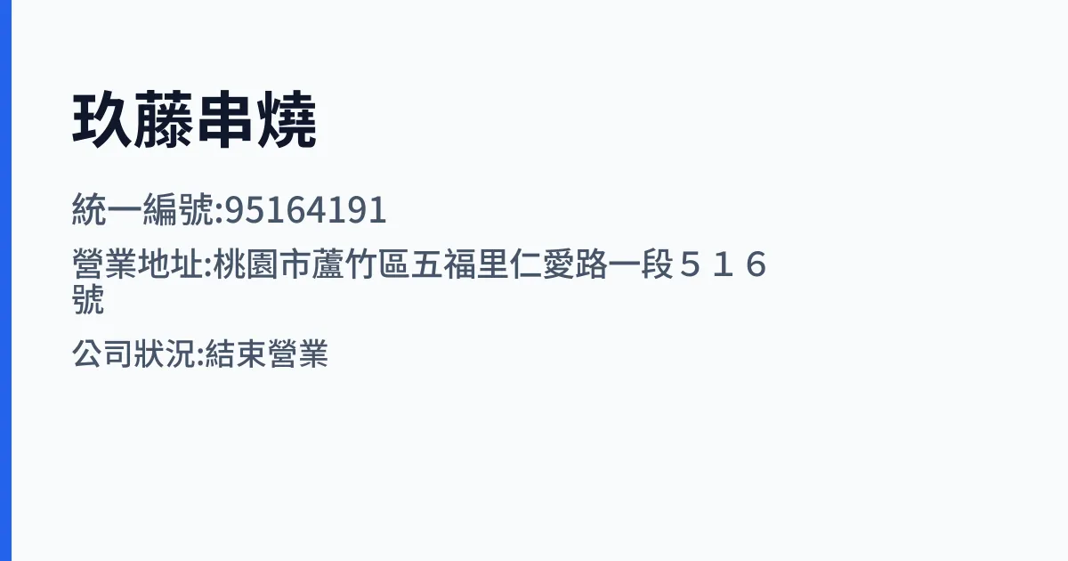 玖藤串燒 - 統編 95164191(桃園市) 公司登記資料與營業項目詳細圖表