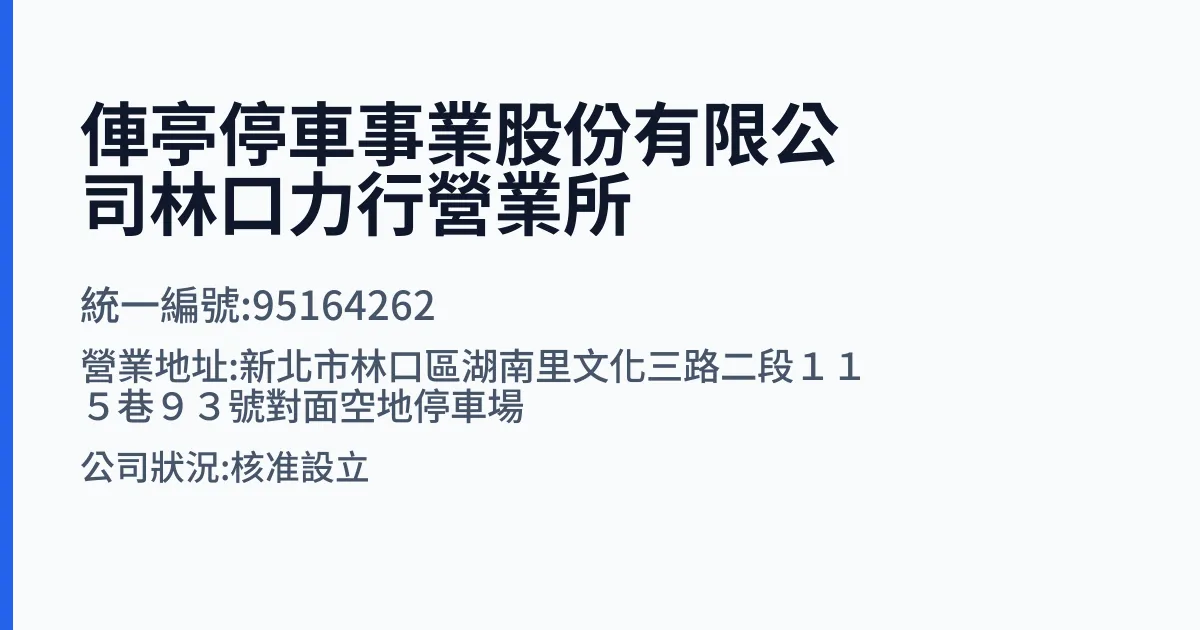 俥亭停車事業股份有限公司林口力行營業所 - 統編 95164262(新北市) 公司登記資料與營業項目詳細圖表