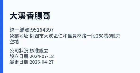 大溪香腸哥的照片-統編 95164397(桃園市) 公司登記資料與營業項目詳細圖表