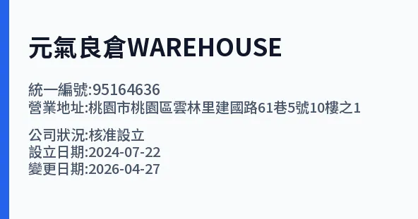 元氣良倉WAREHOUSE的照片-統編 95164636(桃園市) 公司登記資料與營業項目詳細圖表