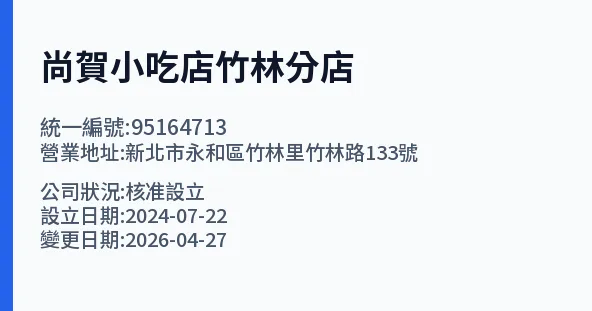 尚賀小吃店竹林分店的照片-統編 95164713(新北市) 公司登記資料與營業項目詳細圖表