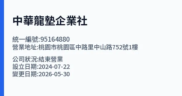 中華龍墊企業社的照片-統編 95164880(桃園市) 公司登記資料與營業項目詳細圖表