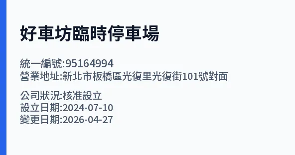 好車坊臨時停車場的照片-統編 95164994(新北市) 公司登記資料與營業項目詳細圖表