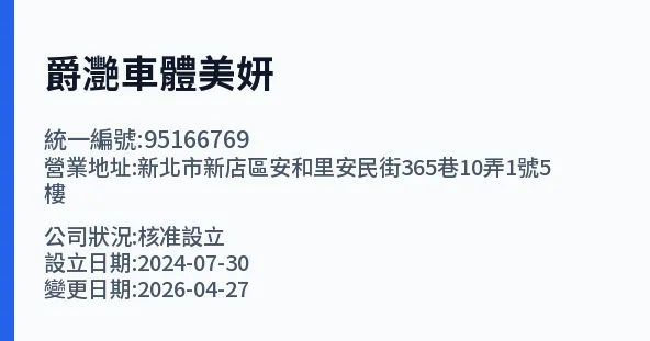爵灧車體美妍的照片-統編 95166769(新北市) 公司登記資料與營業項目詳細圖表
