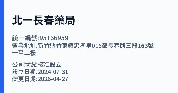 北一長春藥局的照片-統編 95166959(新竹縣) 公司登記資料與營業項目詳細圖表