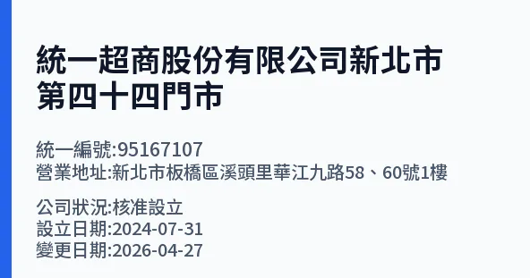 統一超商股份有限公司新北市第四十四門市的照片-統編 95167107(新北市) 公司登記資料與營業項目詳細圖表