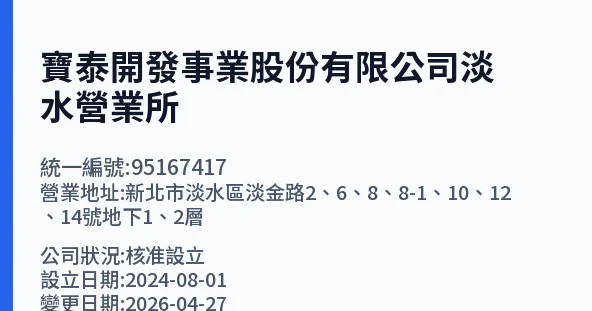 寶泰開發事業股份有限公司淡水營業所的照片-統編 95167417(新北市) 公司登記資料與營業項目詳細圖表