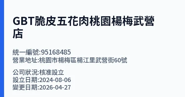 GBT脆皮五花肉桃園楊梅武營店的照片-統編 95168485(桃園市) 公司登記資料與營業項目詳細圖表