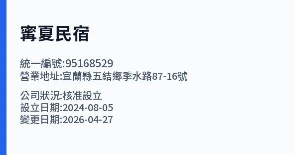寗夏民宿的照片-統編 95168529(宜蘭縣) 公司登記資料與營業項目詳細圖表