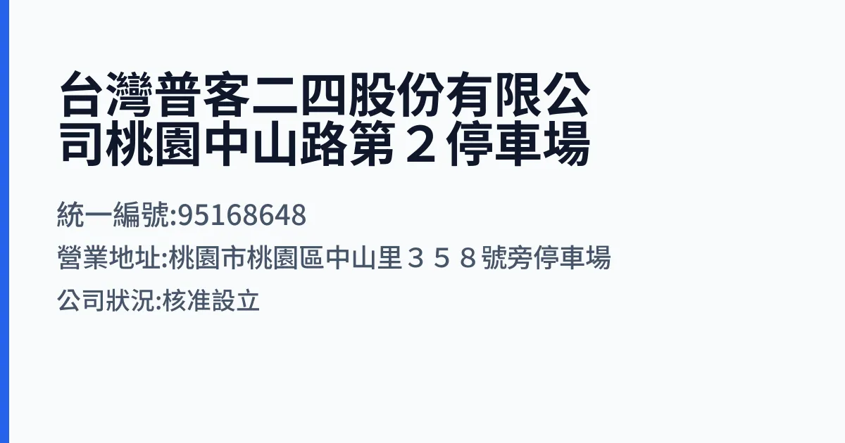 台灣普客二四股份有限公司桃園中山路第2停車場 - 統編 95168648(桃園市) 公司登記資料與營業項目詳細圖表