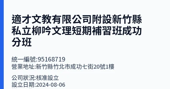 適才文教有限公司附設新竹縣私立柳吟文理短期補習班成功分班的照片-統編 95168719(新竹縣) 公司登記資料與營業項目詳細圖表