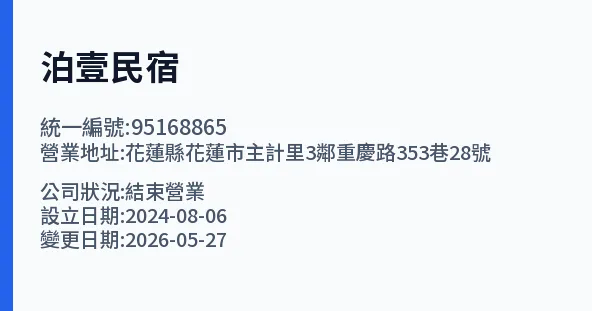 泊壹民宿的照片-統編 95168865(花蓮縣) 公司登記資料與營業項目詳細圖表