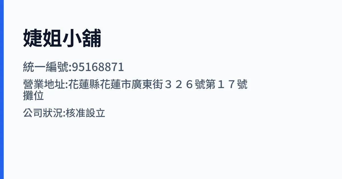 婕姐小舖 - 統編 95168871(花蓮縣) 公司登記資料與營業項目詳細圖表