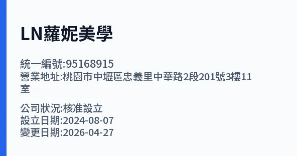 LN蘿妮美學的照片-統編 95168915(桃園市) 公司登記資料與營業項目詳細圖表