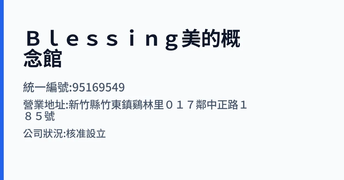 Ｂｌｅｓｓｉｎｇ美的概念館 - 統編 95169549(新竹縣) 公司登記資料與營業項目詳細圖表