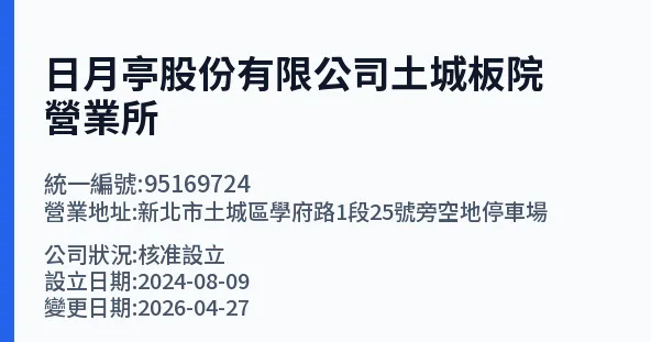 日月亭股份有限公司土城板院營業所的照片-統編 95169724(新北市) 公司登記資料與營業項目詳細圖表