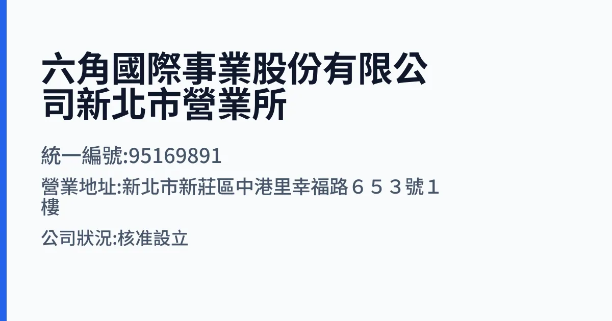 六角國際事業股份有限公司新北市營業所 - 統編 95169891（新北市） 公司登記資料與營業項目詳細圖表