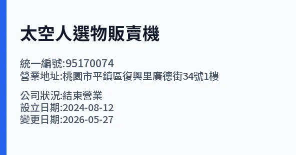 太空人選物販賣機的照片-統編 95170074(桃園市) 公司登記資料與營業項目詳細圖表