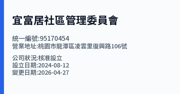 宜富居社區管理委員會的照片-統編 95170454(桃園市) 公司登記資料與營業項目詳細圖表
