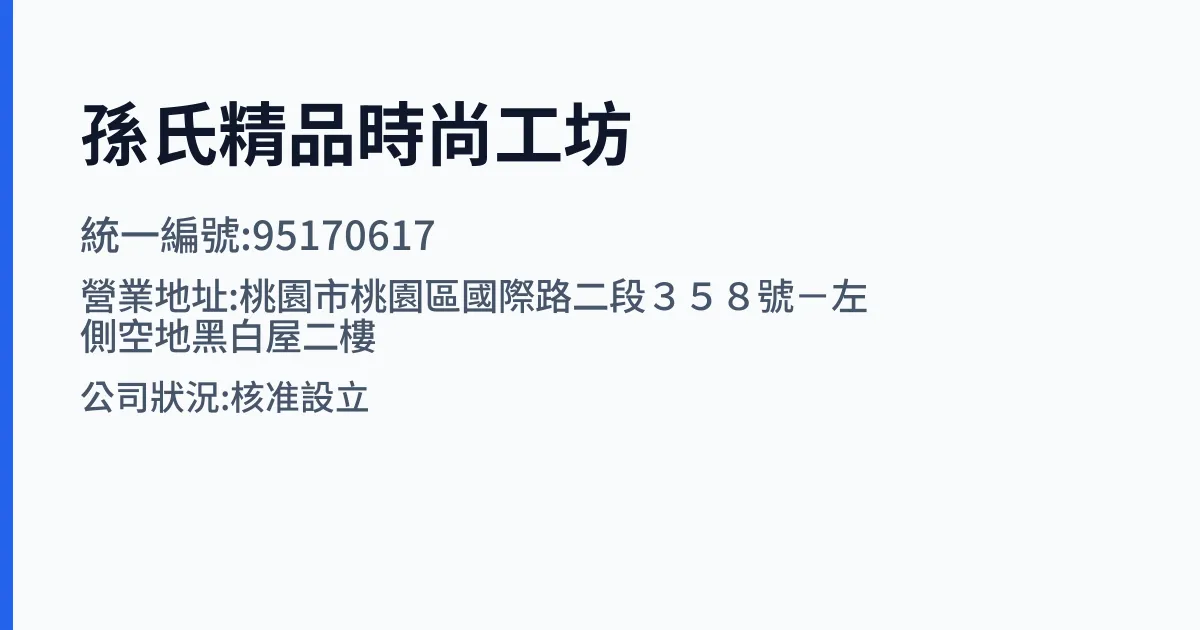 孫氏精品時尚工坊 - 統編 95170617(桃園市) 公司登記資料與營業項目詳細圖表