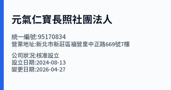 元氣仁寶長照社團法人的照片-統編 95170834(新北市) 公司登記資料與營業項目詳細圖表