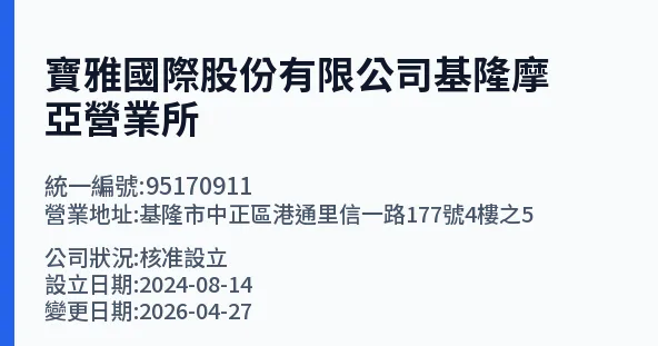 寶雅國際股份有限公司基隆摩亞營業所的照片-統編 95170911(基隆市) 公司登記資料與營業項目詳細圖表