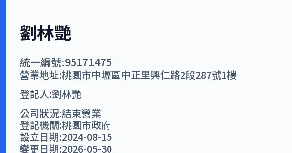 劉林艷的照片-統編 95171475(桃園市) 公司登記資料與營業項目詳細圖表