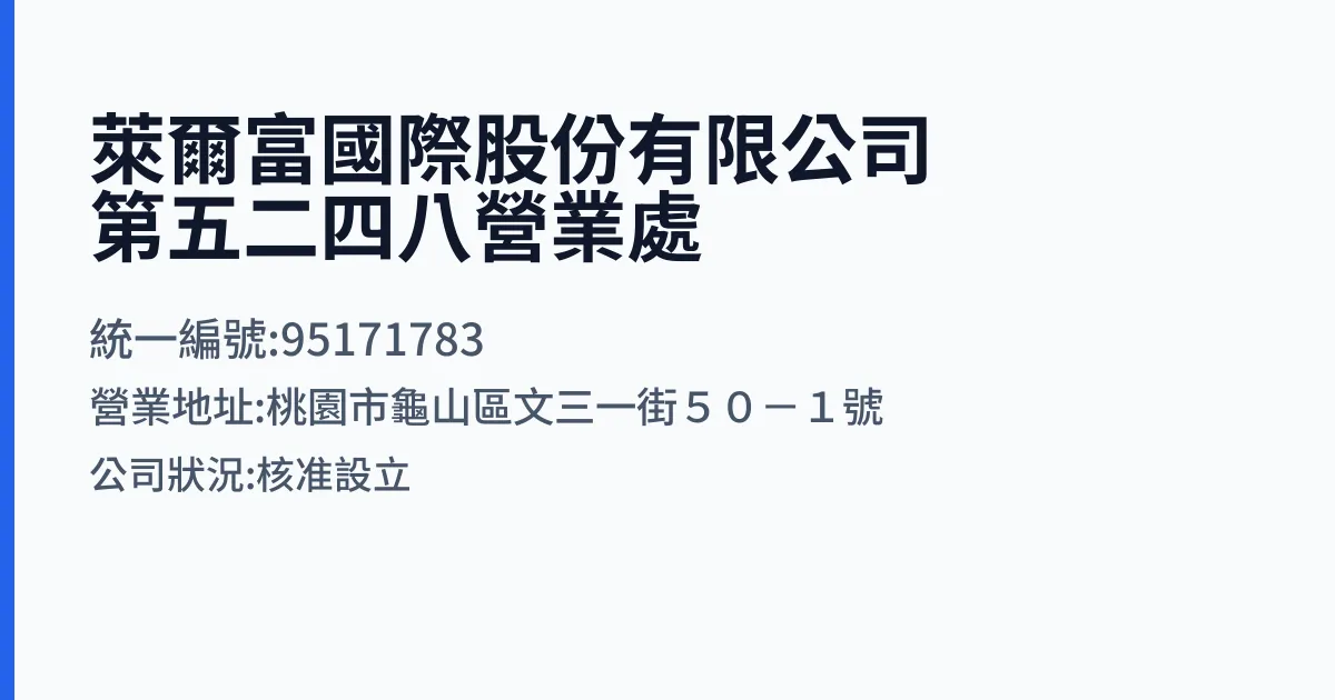 萊爾富國際股份有限公司第五二四八營業處 - 統編 95171783(桃園市) 公司登記資料與營業項目詳細圖表