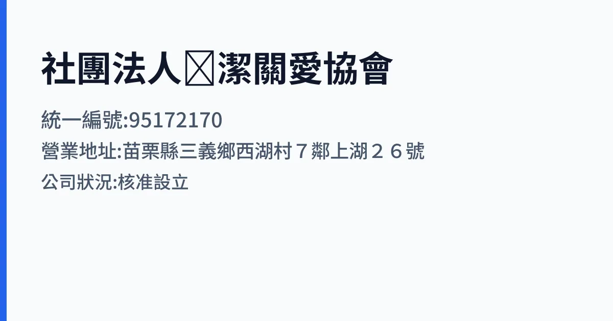 社團法人怺潔關愛協會 - 統編 95172170(苗栗縣) 公司登記資料與營業項目詳細圖表