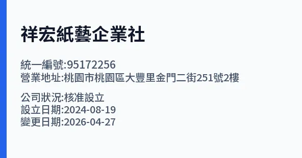 祥宏紙藝企業社的照片-統編 95172256(桃園市) 公司登記資料與營業項目詳細圖表